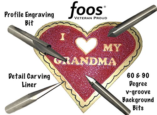 FOOS - Engraving CNC Wood Carving Router Bit Set - 4pcs - Solid Carbide - 1/4β Shanks - Veteran Owned = Profile + Carving Liner + 2 V Groove USA Veteran Owned