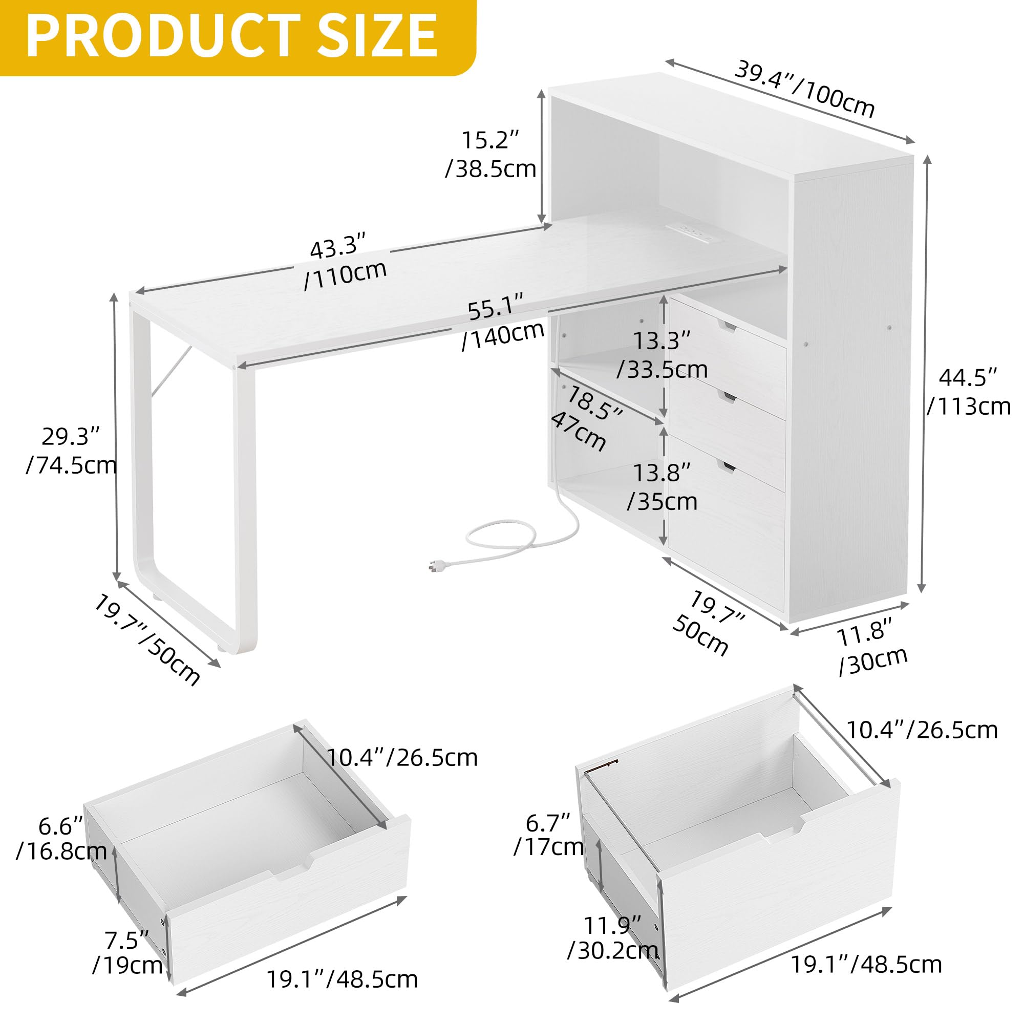 DWVO L Shaped Desk with Drawers, 55" Corner Computer Desk with Bookshelf & Power Outlets & LED Lights, Home Office Desk with Storage Shelves, Black