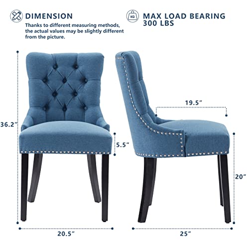 Kingfun Dining Chairs Set of 2, Upholstered Tufted Kitchen&Dining Room Chairs, Modern Accent Chairs Side Chair for Dinner Table/Waiting Room, Padded Nailhead Fabric Parsons Chairs(Solid Wooden, Blue)