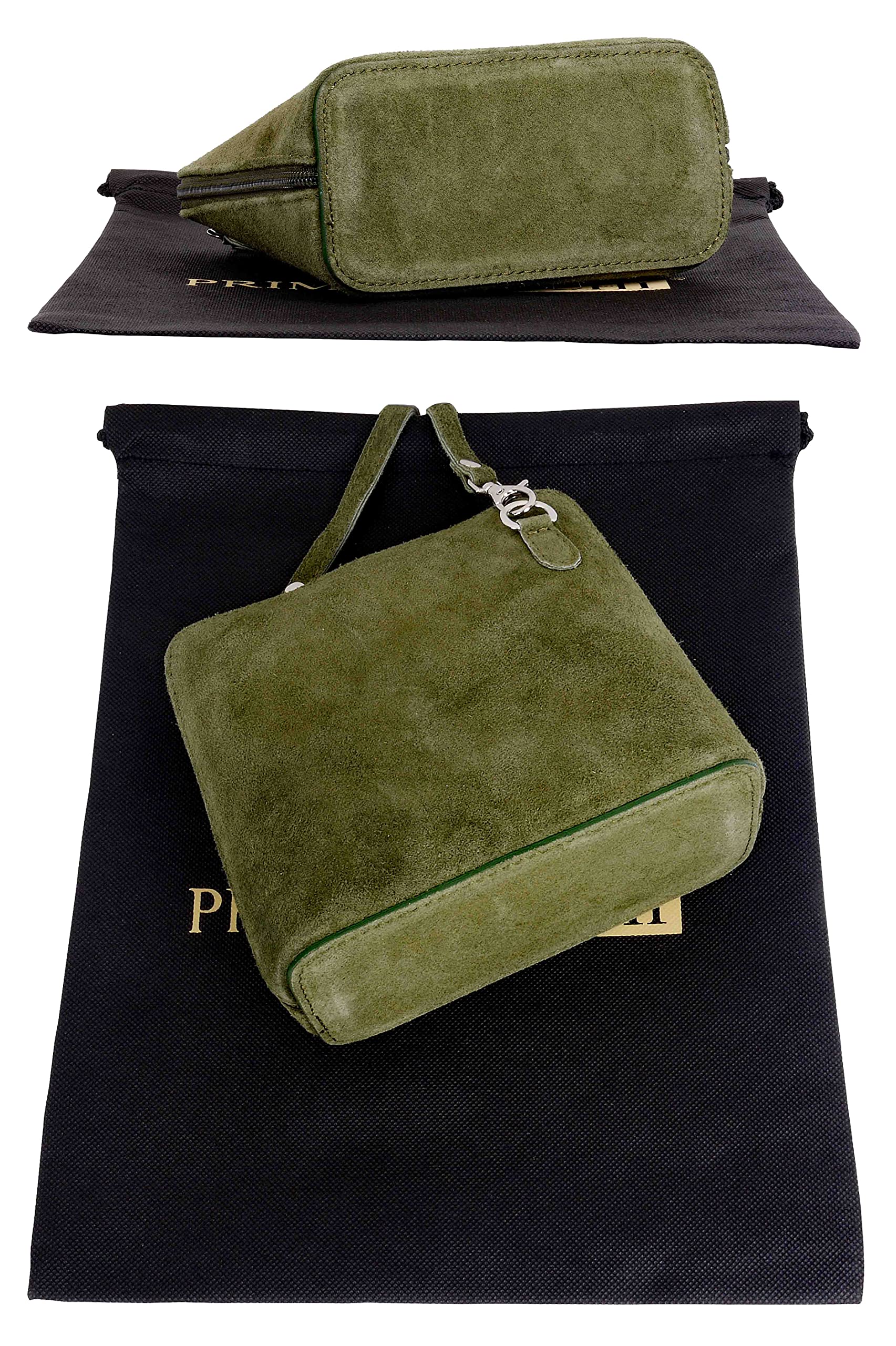 PRIMO SACCHI Ladies Italian Suede Leather Small Micro Olive Green Crossbody Shoulder Bag Handbag Purse