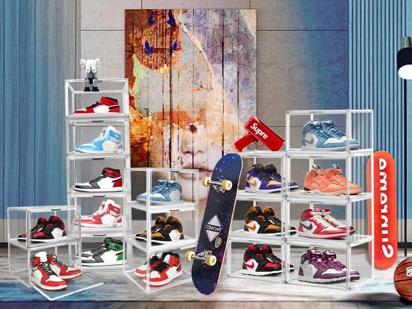 EDS FAM Shoe Boxes Clear Plastic Stackable 14.1 * 10.6 * 9in Acrylic Display Case for Sneakerheads Boot