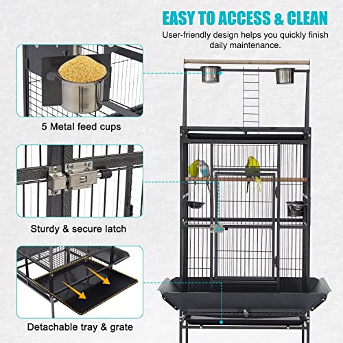Kinsuite Large Bird Cage with Play Top, 68 Inch Iron Parrot Bird Cage with Rolling Stand for Parakeets Lovebird Cockatiel Pet Birds, Black