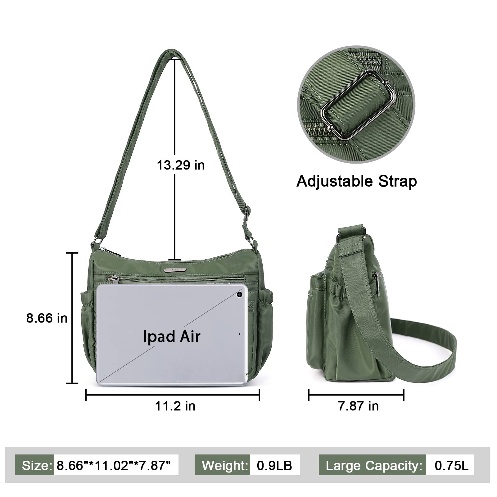 CLUCI Nylon Crossbody Purses for Women Waterproof Shoulder Multiple Pockets Bag Travel Handbag Green