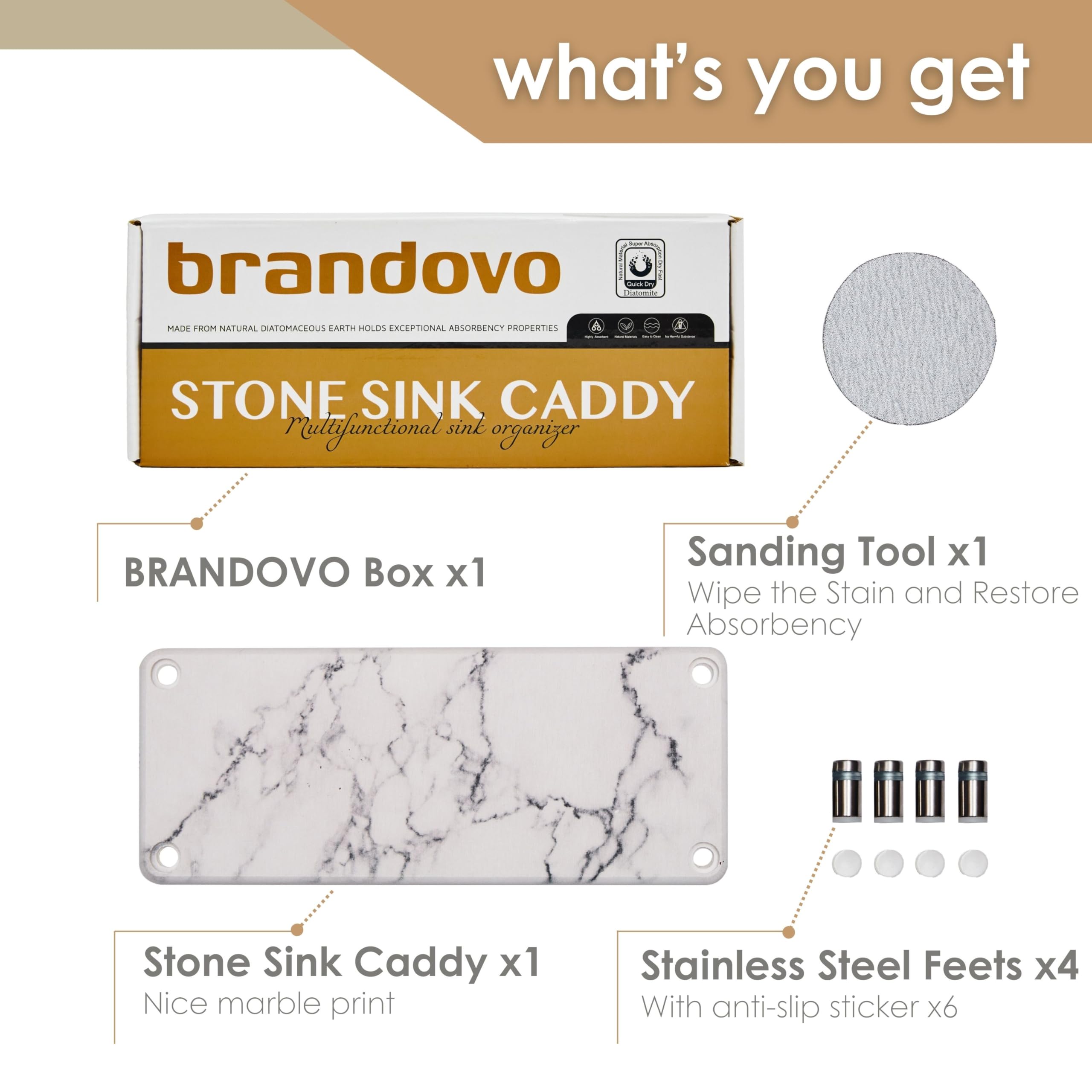 BRANDOVO Stone Sink Caddy - Marble Tray - Instant Dry Sink Organizer - Kitchen Soap Tray - Fast Drying Stone Sink Tray - Kitchen Sink Caddy Marble White - 9.8x3.9 inches