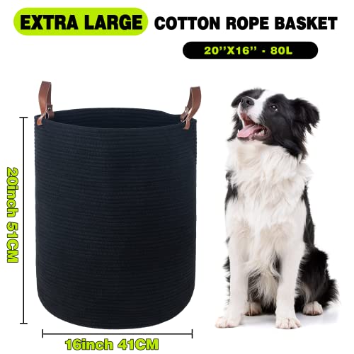 Twira Extra Large 20x16 Inches Cotton Rope Basket, Woven Baby Laundry Blanket Basket with Leather Handle Toy Basket Storage Baskets Bin for Yoga Mat & Towel (Black)
