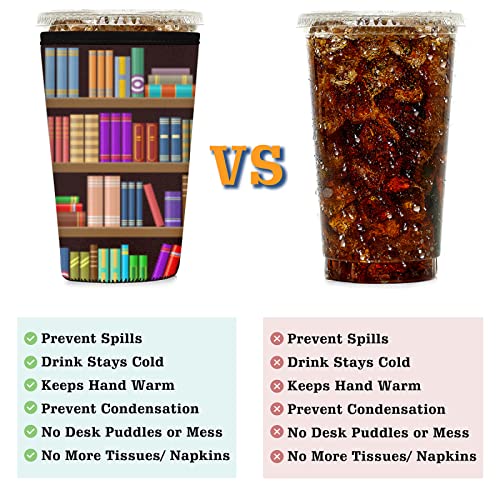 Iced Coffee Sleeve Colorful Bookshelf, Rainbow Book Library Reusable Neoprene Insulated Sleeves Cup Cover Holder for Cold Drinks Beverages 22oz - 24oz