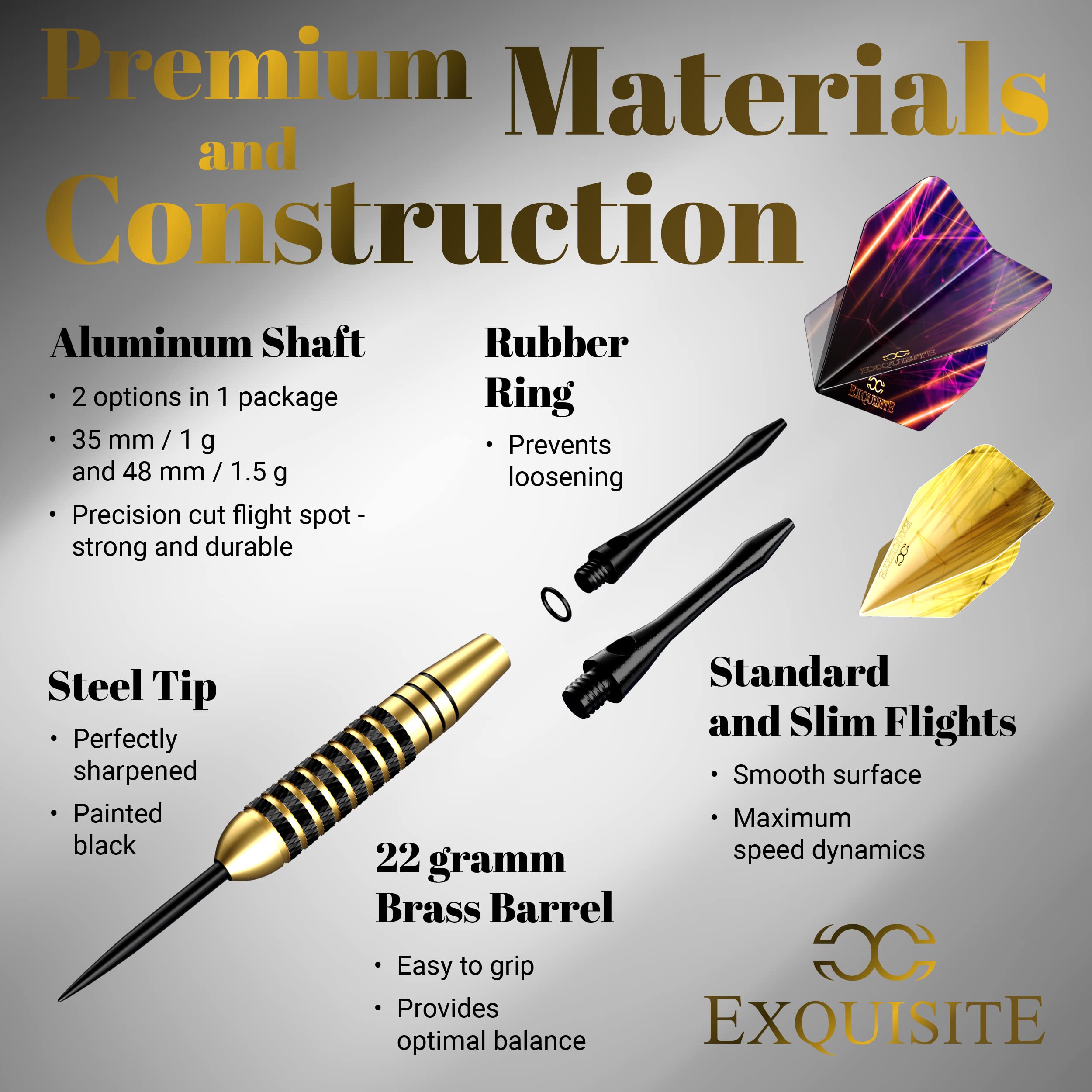 CC-EXQUISITE Premium Steel Tip Darts Set - Professional Darts, Brass Barrels, Metal Tip Darts, Extra Flights, (12) Aluminum Shafts 35/48, O-Rings, Dart Tool, Dart Sharpener, Darts Case