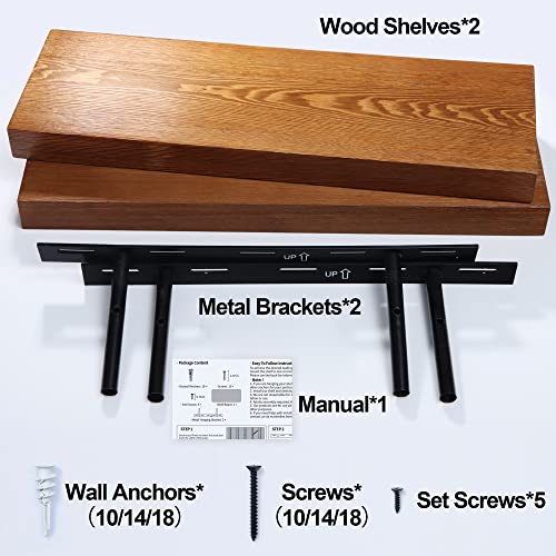 Marsmiles Floating Shelves Solid Wood Set of 2, Rustic Wood Wall Shelves, Wooden Wall Mounted Farmhouse Shelves for Bathroom Kitchen Living Room Bedroom - Light Walnut