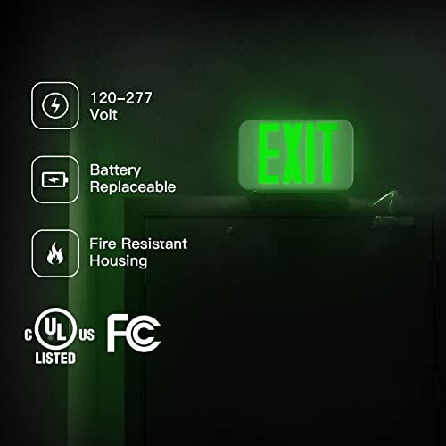 FREELICHT Green LED Exit Sign with Battery Backup,Exit Sign for Business,Easy to Install,UL Certified,AC 120/277V,Pack of 10