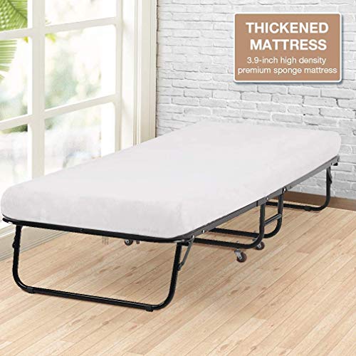 Folding Guest Bed Portable Camping Cot with Wheels,Portable Beds Frame Heavy Duty Extra Roll Away Foldaway 3.9 Inch Thick Memory Foam Mattress for Spare Bedroom & Office,L75 x W30 x H12 IN,White