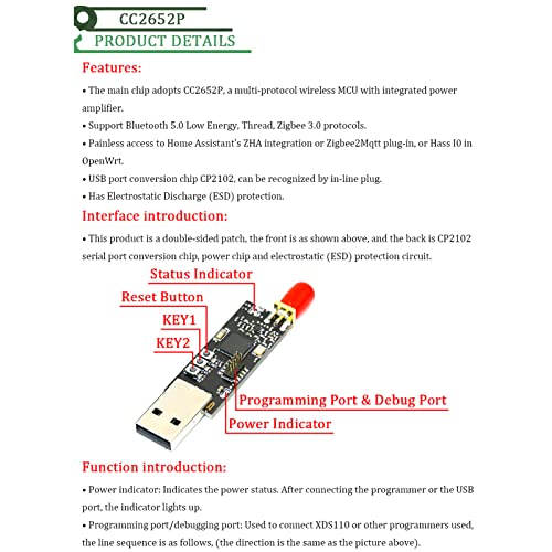 Emoshayoga WiFi Dongle, ESD Protection WiFi Antenna Stable Bluetooth 5.0 Safe Signal Scratch Resistance Wireless for Home(CC2652P with Programming Line)