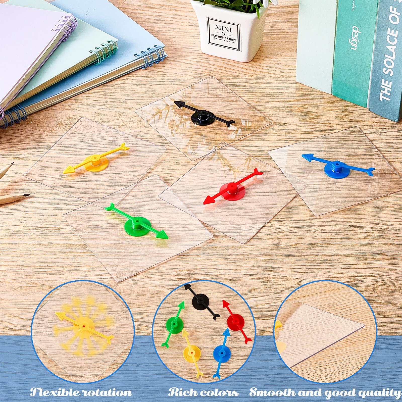 Deekin 10 Pieces Arrow Game Spinners Blank Transparent Spinners with Rotating Arrow 4 Inch Dry Erase Math Game for DIY Board Games Classroom Activities Math Teaching Party Supplies, 5 Rainbow Colors