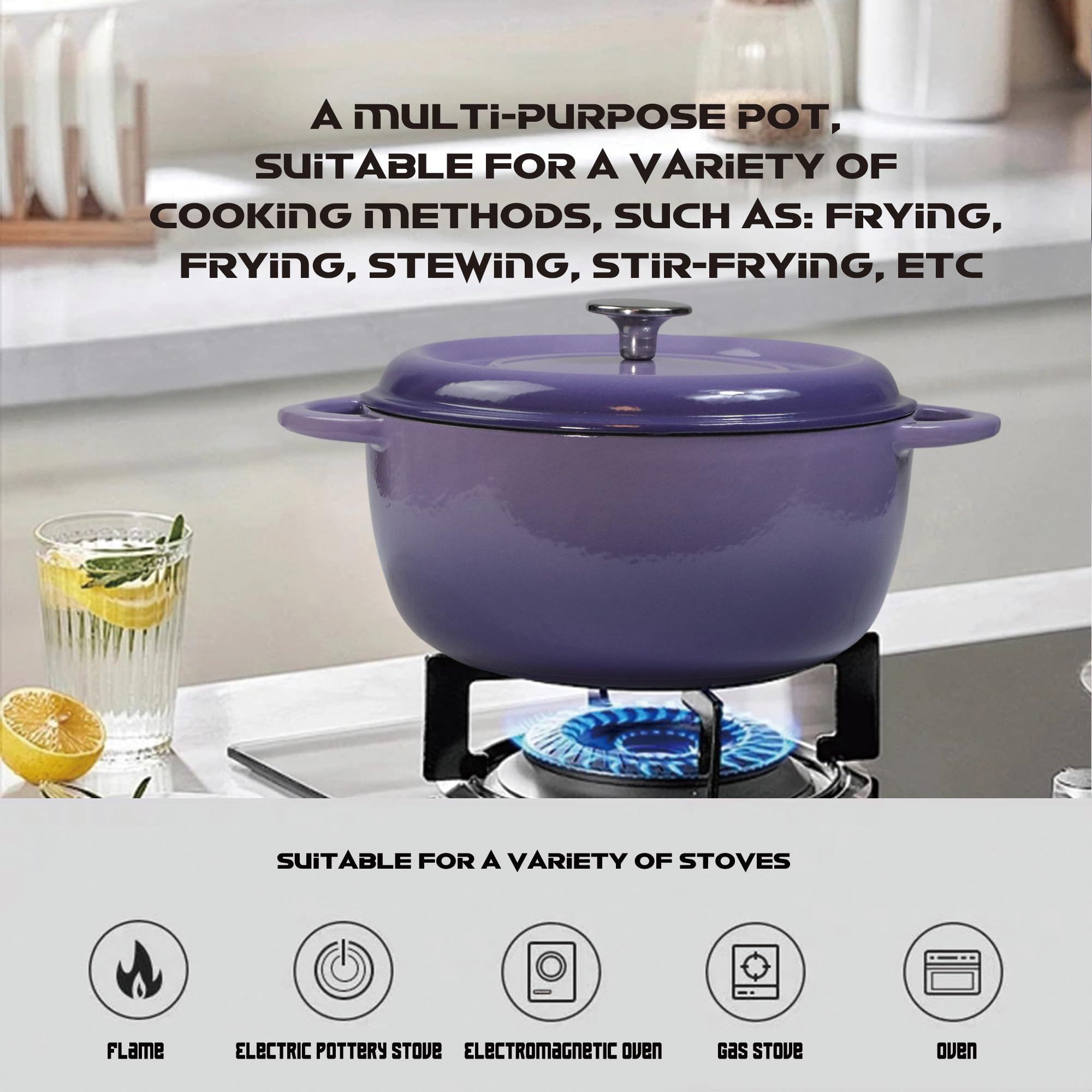 Enameled Dutch Oven with Lid ,Dual Handles ,Oven Safe up to 500° F or on Stovetop,Use to Marinate, Cook, Bake, Refrigerate , Blue