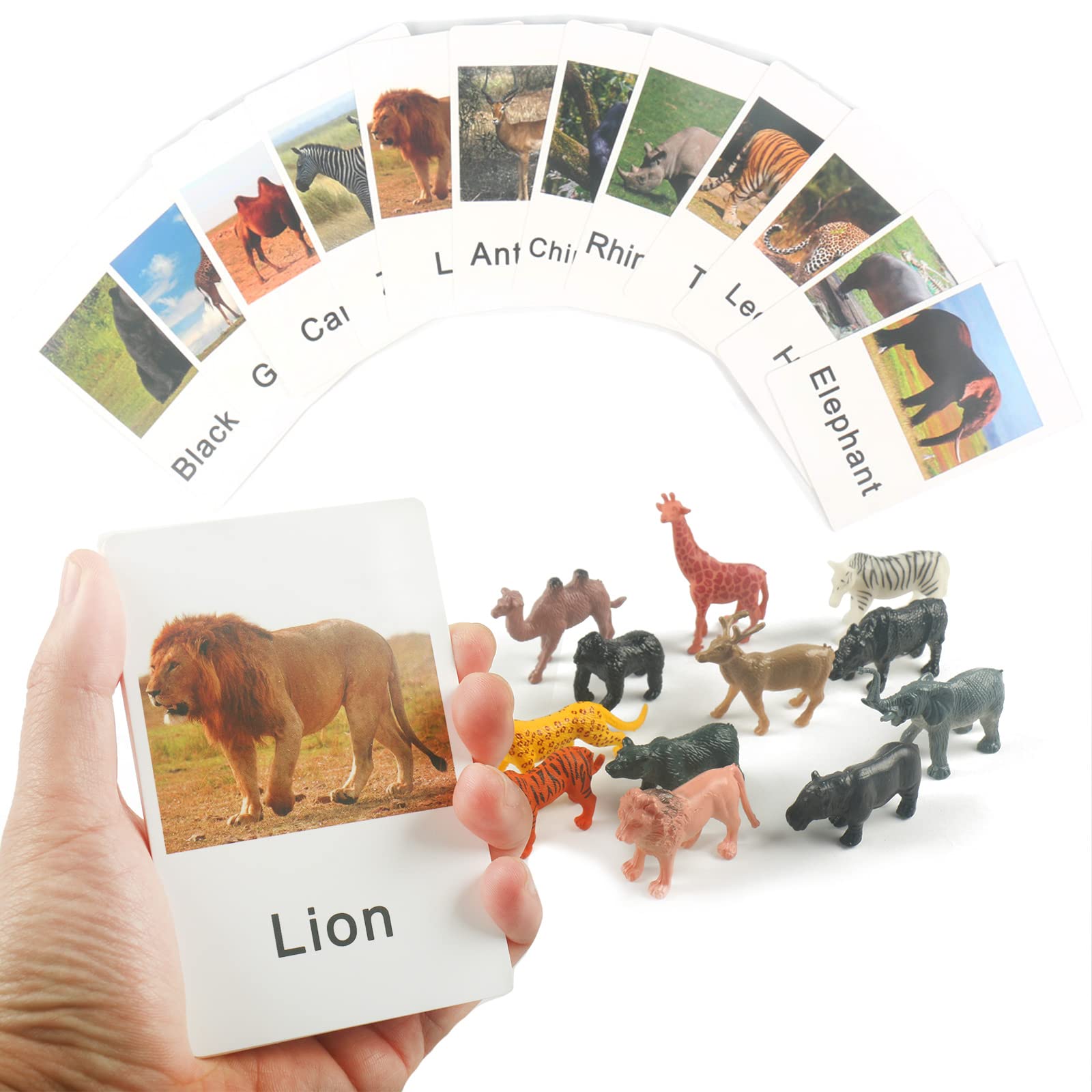 MEROCO Montessori Zoo Safari Animal Match - Miniature Figurines with 2 Part Matching Cards Montessori Language Materials Preschool Learning Toy NEWTT004