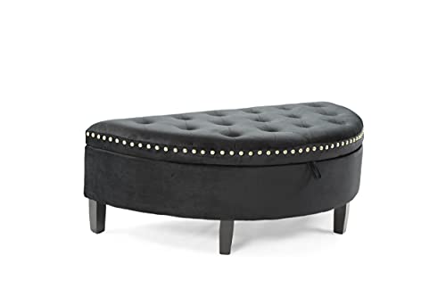 Iconic Home Jacqueline Half Moon Storage Ottoman Button Tufted Velvet Upholstered Gold Nailhead Trim Espresso Finished Wood Legs Bench Modern Transitional Black