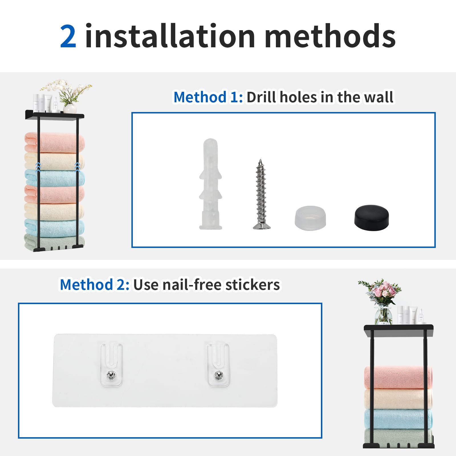 Filta Towel Rack with Shelf for Bathroom Wall Mounted,Retractable Height Metal Bath Towel Rack with Reliable Hooks Storage for Rolled Towel(Black)