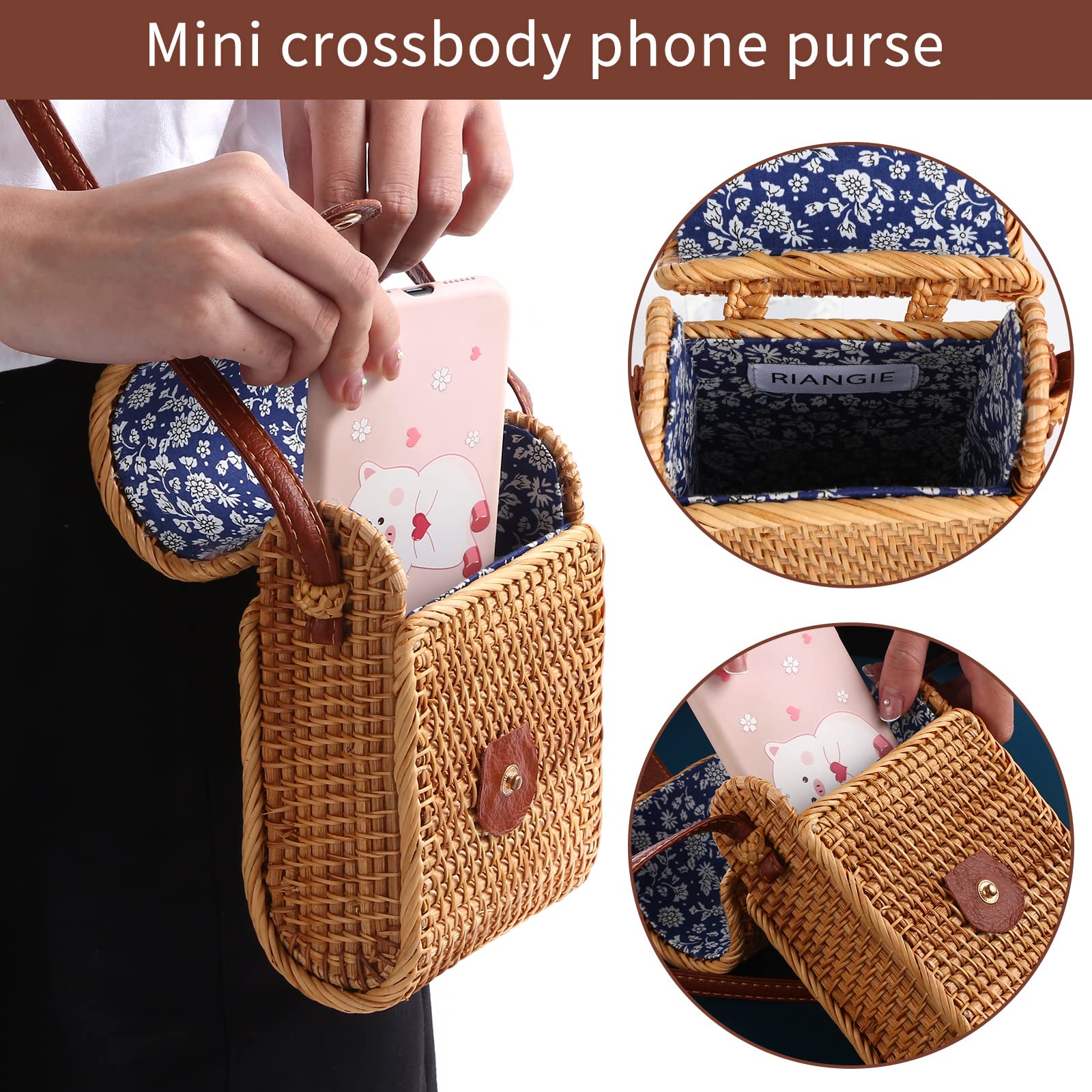 RIANGIE Straw Beach Bag Boho Gift for Women Hippy Rattan Purse Crossbody Woven Phone Bag with Shoulder Strap