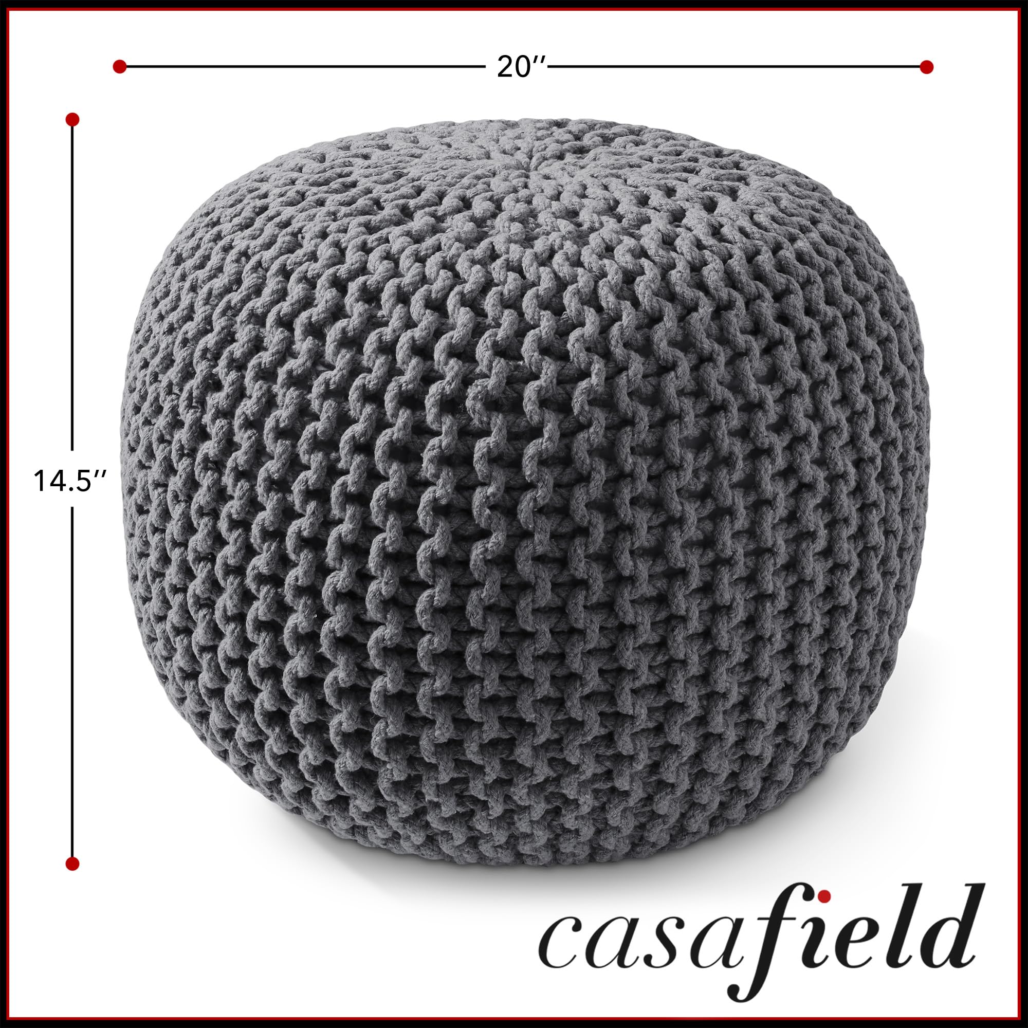 Casafield Round Pouf Ottoman, Black - 20" Diameter x 14.5" High Cotton Knit Foot Stool - Boho Floor Pouffe for Living Room, Bedroom, Home Office