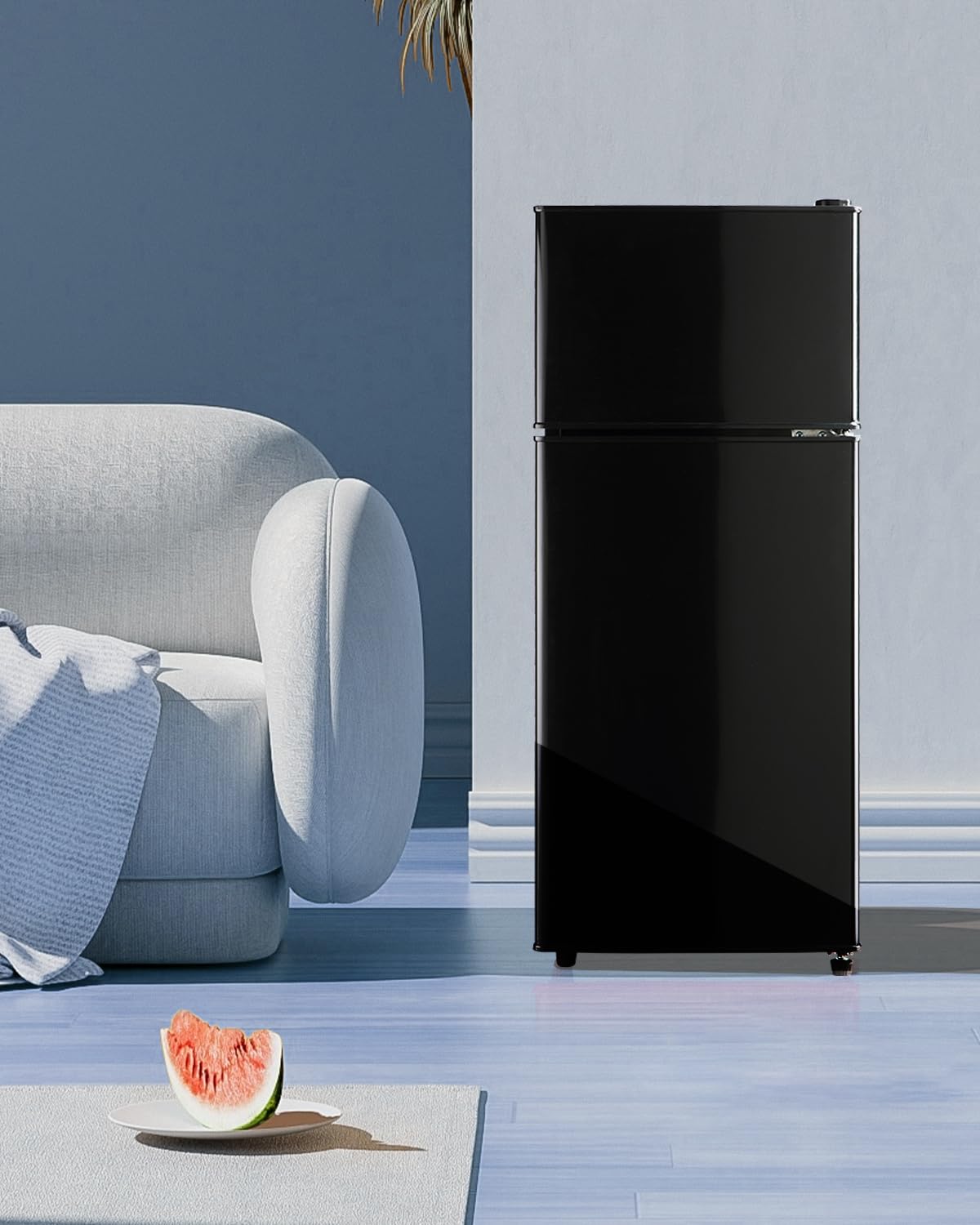 EUASOO KB FLS-80-Black 3.5Cu.Ft Compact, Small Refrigerator with Freezer, Retro Fridge with Dual Door, 7 Level Adjustable Thermostat for Garage, Dorm,Bedroom, Office, Apartment, Black