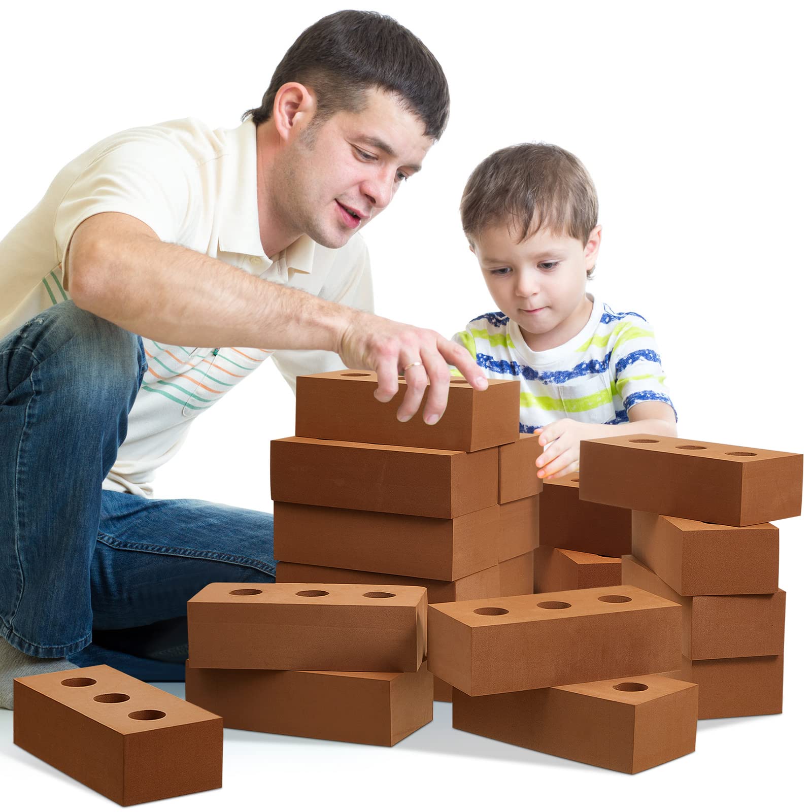 Deekin 30 Pcs Foam Brick Building Blocks for Kids Thick Cinder Blocks Foam Blocks Large Fake Brick Foam Construction Blocks Toy for Stacking Construction, 8 x 4 x 2.4 in(Circle Holes)