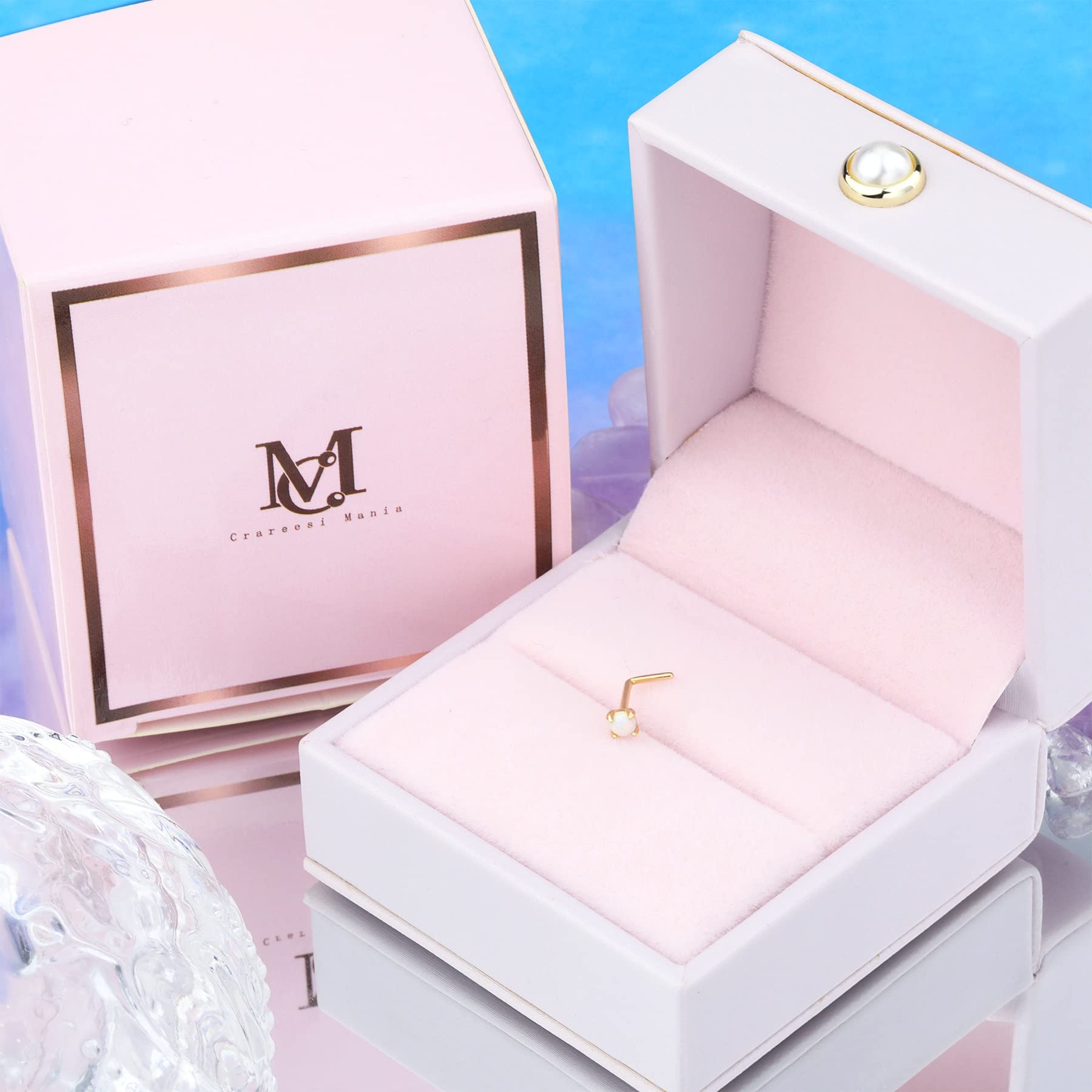 CM Crareesi Mania 14K Gold Nose Ring Solid Yellow Gold Opal Nose Piercing Jewelry 20G L-Shaped Nose Ring Studs Clear CZ Nose Rings Studs