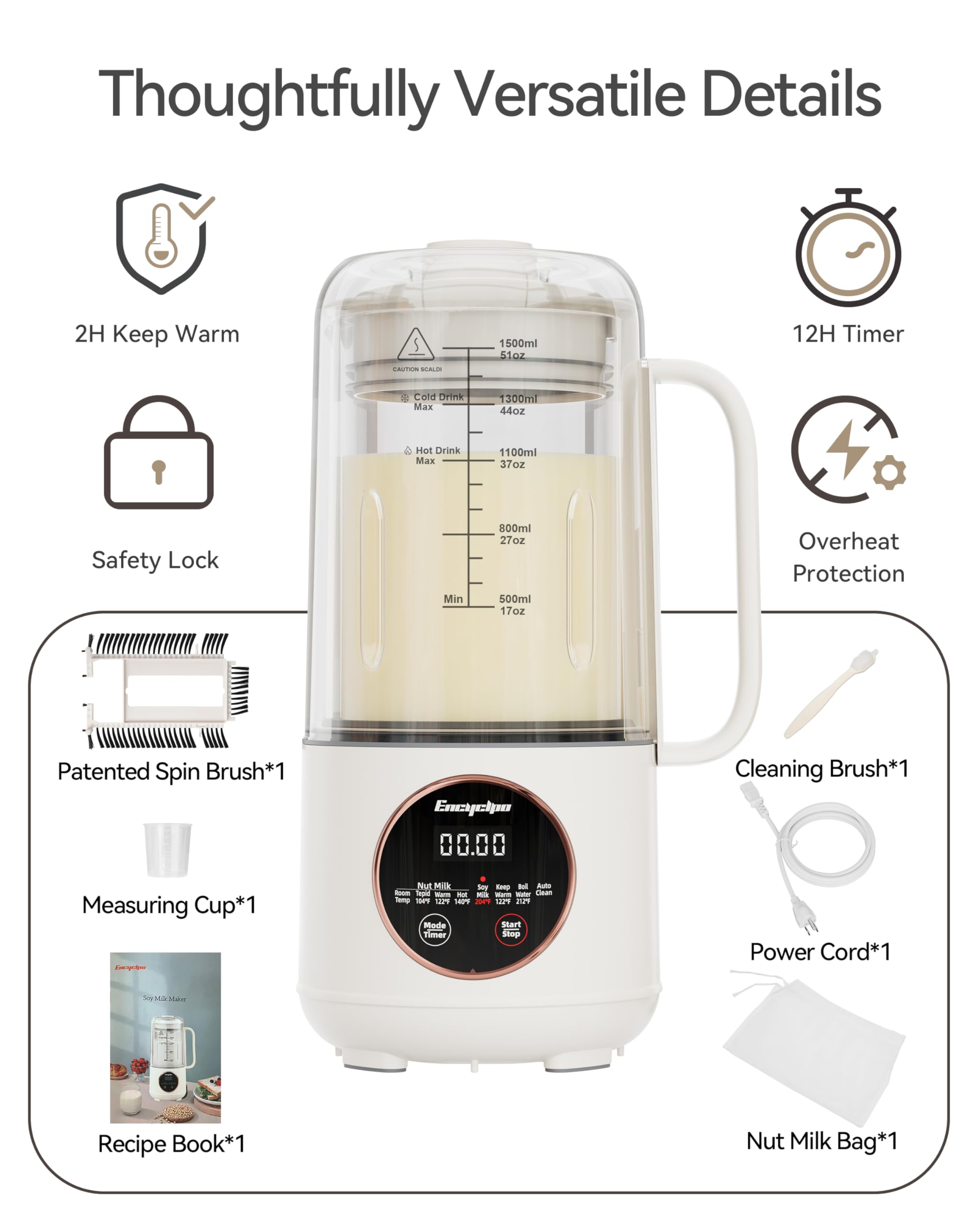 Encyclpo Nut Milk Maker, 50oz Automatic Soy Milk Maker with Spin Clean Brush and Nut Milk Bag, Homemade Plant-Based Oat Milk Machine with Auto Clean, Boil Water, Delay Start, Keep Warm