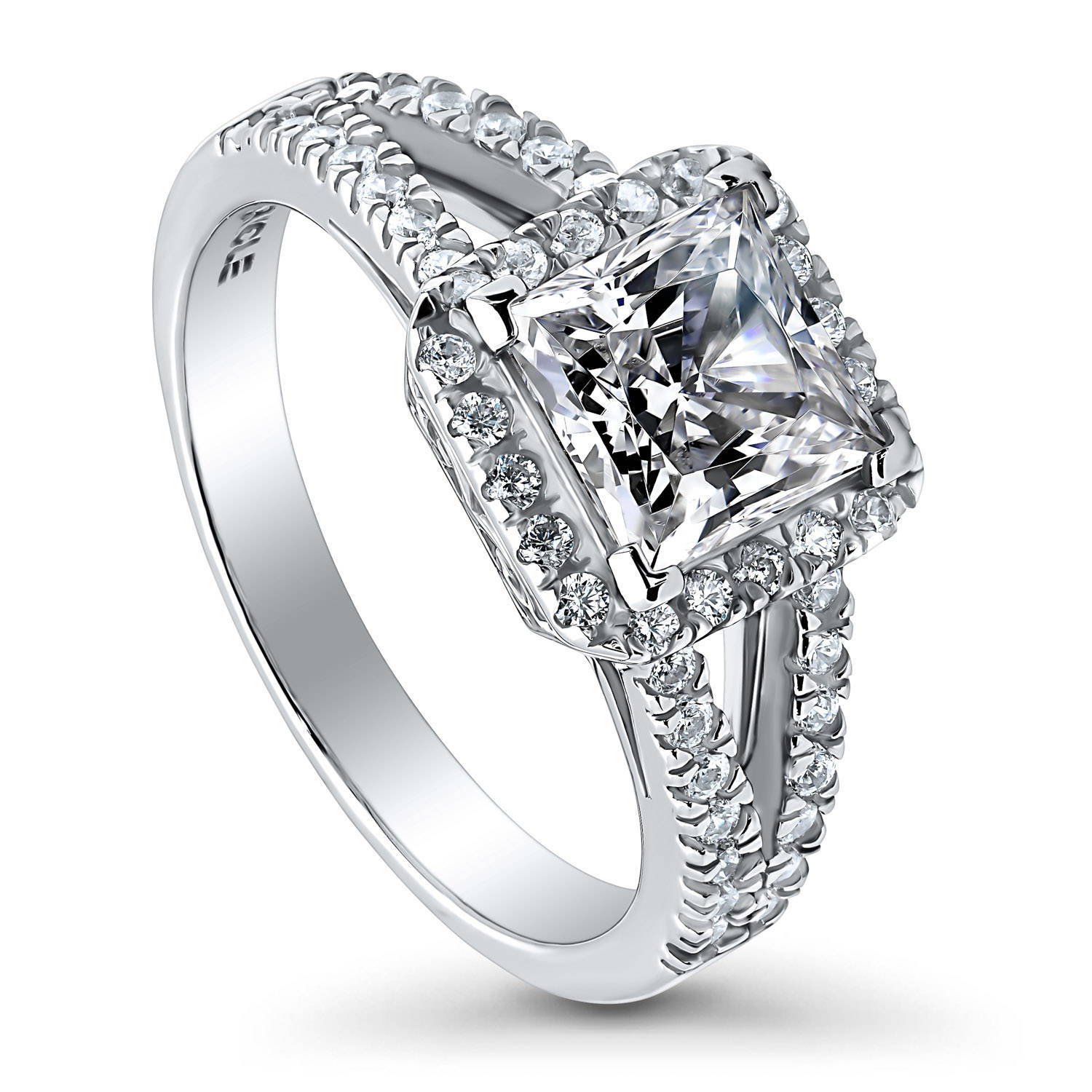 BERRICLE Sterling Silver Halo Wedding Engagement Rings Princess Cut Cubic Zirconia CZ Promise Split Shank Ring for Women, Rhodium Plated Size 7