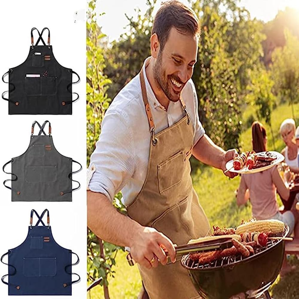 Cotton Canvas Apron Cross Back Apron with Pockets for Women and Men,Kitchen Cooking Baking Bib Apron Chef Apron (Blue)