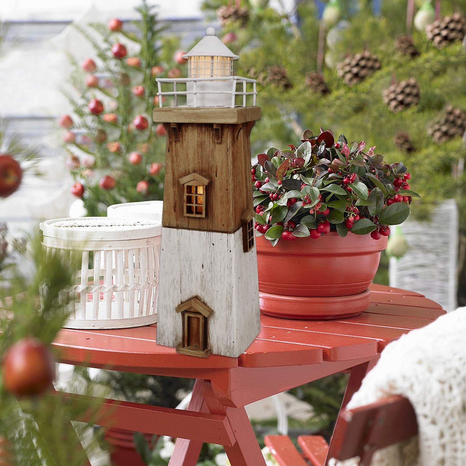 Waroom Home Rustic Wood Lighthouse Decor with Light Tabletop Nautical Decor, Wooden Decoration Beach Themed Coastal for Mediterranean 13.78H inch