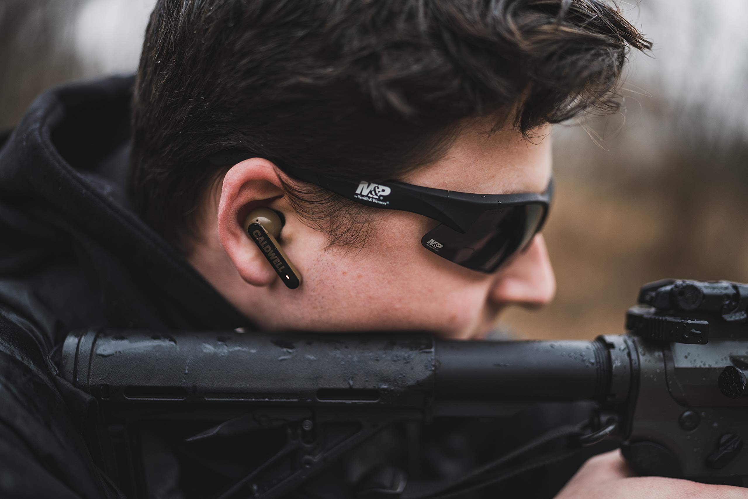 Caldwell E-Max Shadows FDE 23 Decibels NRR - Electronic Hearing Protection with Bluetooth Connectivity for Shooting, Hunting, and Range, Brown