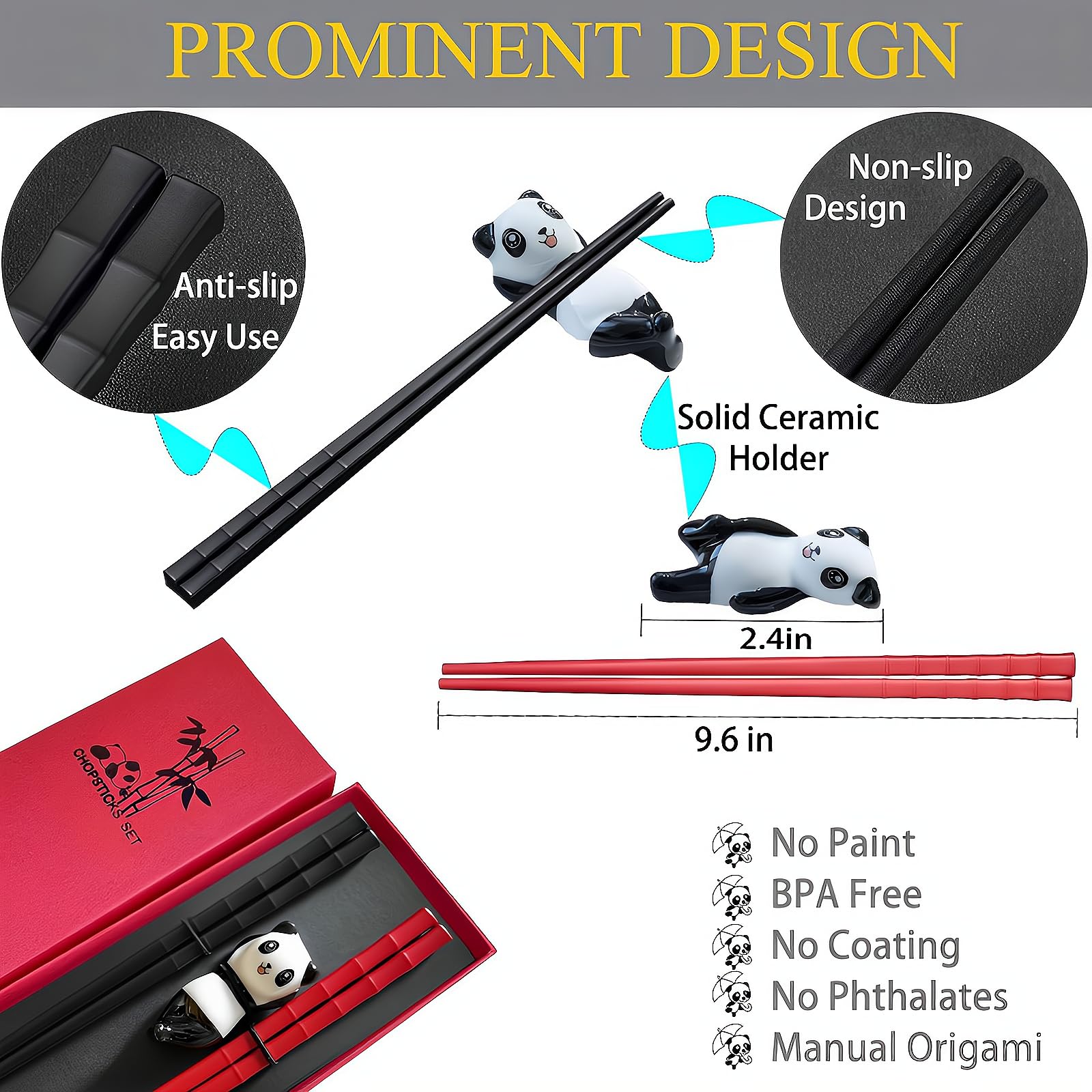 Chopsticks Reusable Panda Gifts With Cute Chopstick Rest & Chopsticks Dishwasher Safe Anniversary Gift for Couple (2PC Red-Black)