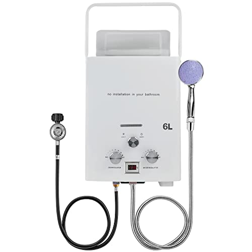 QXCSF 1.58GPM Outdoor Tankless Water Heater, 6L Portable Instant Propane Gas Water Heater for RV Camping, 3.5PSI Water Pressure To Ignite, All Season Usable, Safety Protection
