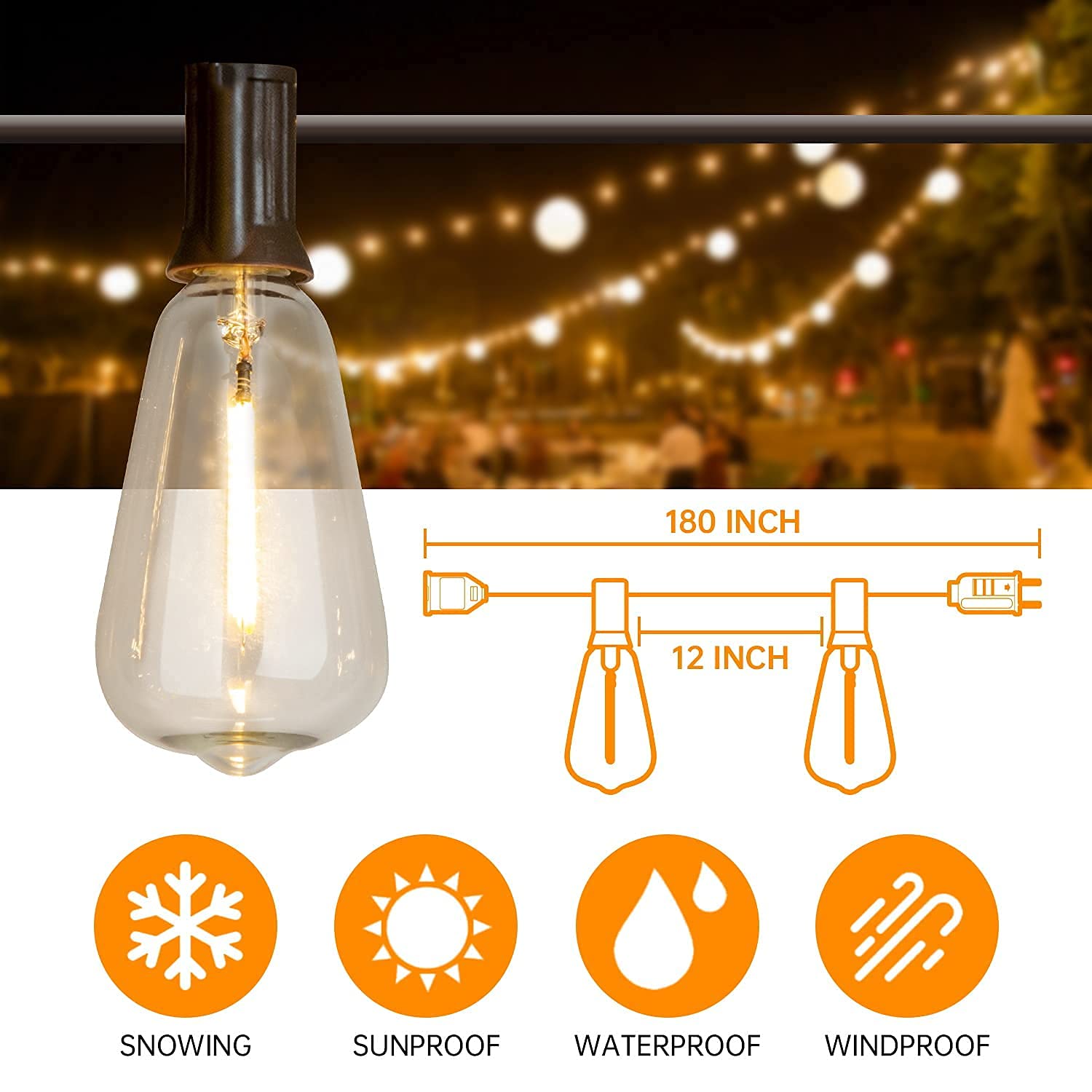 Vanthylit Solar String Lights Outdoor Waterproof, LED Shatterproof Edison String Lights, Outside Lights for Patio Solar Powered