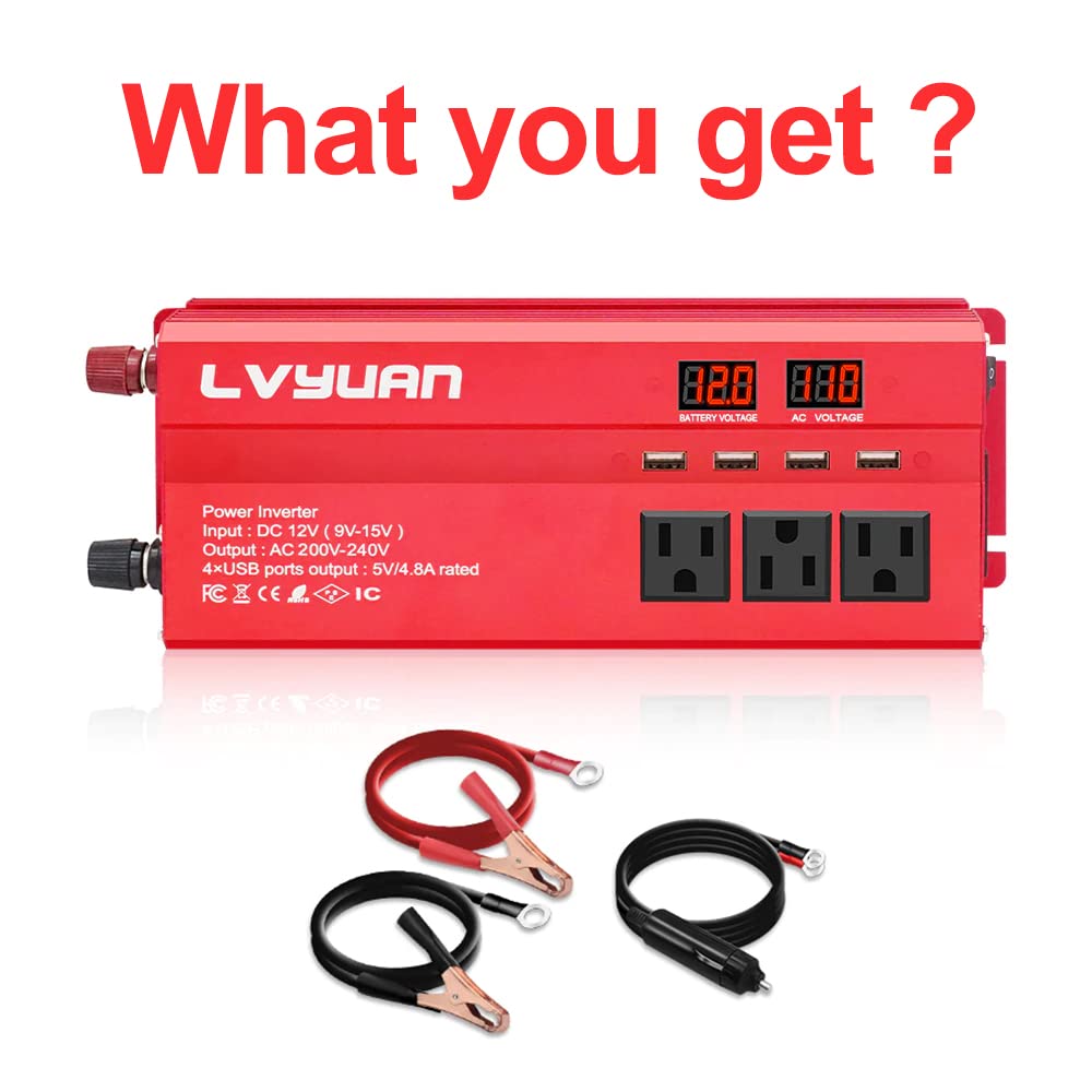 Cantonape 1000W/2000W(Surge) Car Power Inverter DC 12V to 110V AC with 4 Outlets, 4 USB Ports and Input/Output LED Display - Black