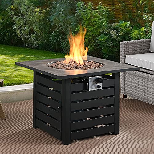 Ehomeline Fire Pit Table, 32โ Square 40,000 BTU Auto-Ignition Propane Gas Fire Pit with Waterproof Cover for Courtyard Balcony Garden Terrace, Grey Ceramic Tabletop, CSA Certificationp