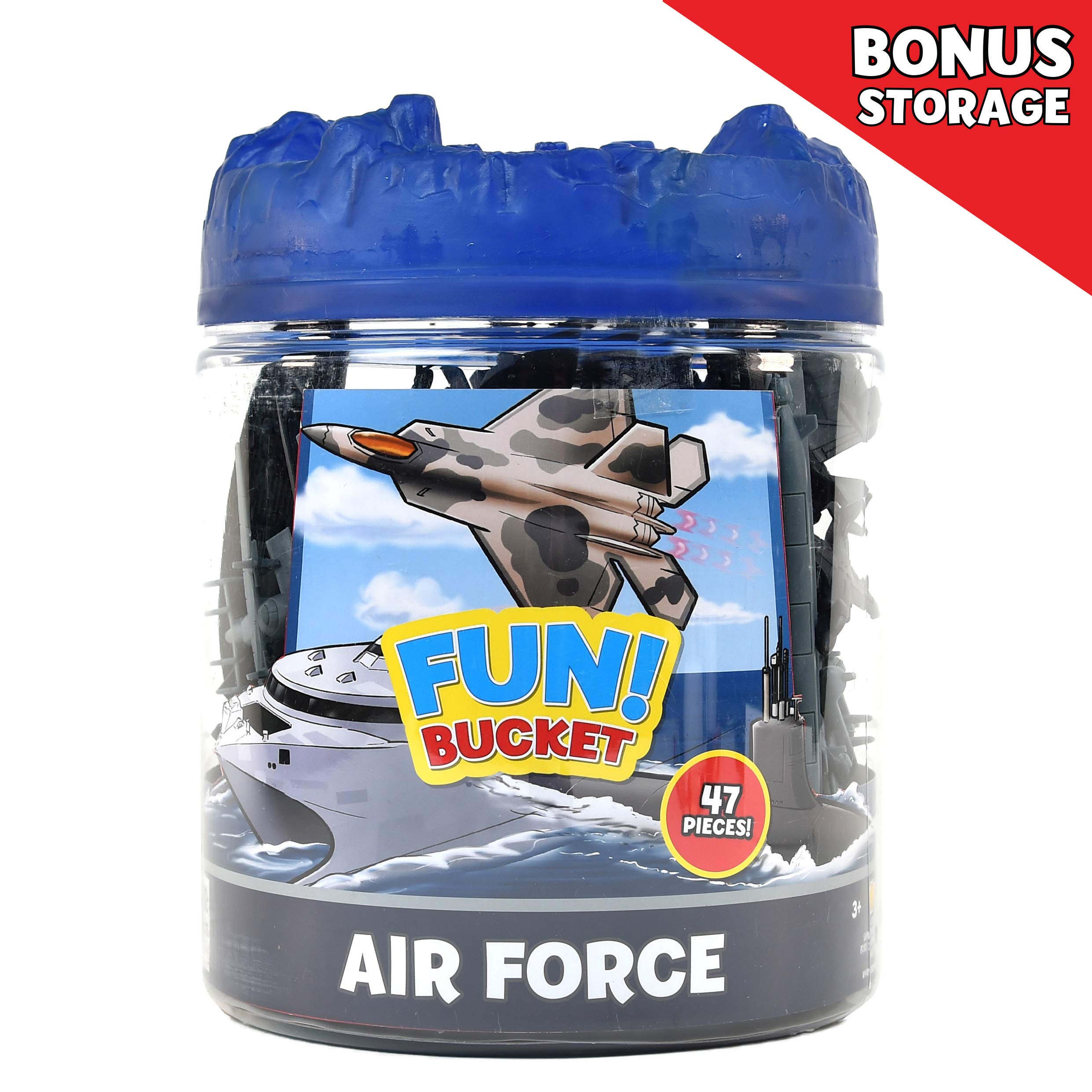 Military Air Force Bucket β 47 Assorted Battleships and Accessories Toy Play Set for Kids, Boys and Girls | Plastic Boat and Plane Figures with Storage Container