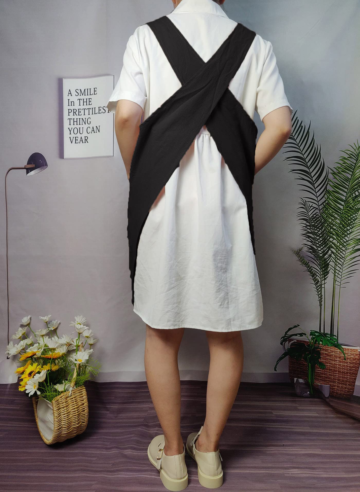 Cotton Cross Back Aprons Solid Color Cooking Kitchen Garden Smock for Women Girls with Pockets (Black, 37Wx 32L)