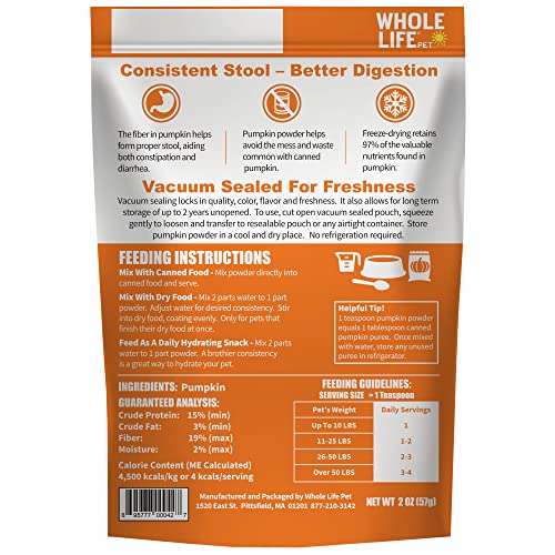 Whole Life Pet Pumpkin Powder for Dogs and Cats. Firms Stool, Relieves Diarrhea. Mix with Water for Instant Puree. No Mess or Waste from Cans. Human Grade Quality