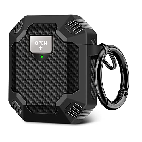 Maxjoy Compatible with Airpods 1st & 2nd Generation Case, Full Body Rugged Carbon Fiber Hard Shell Protective Case Cover with Keychain for Airpods 1st & 2nd Generation Case, Black