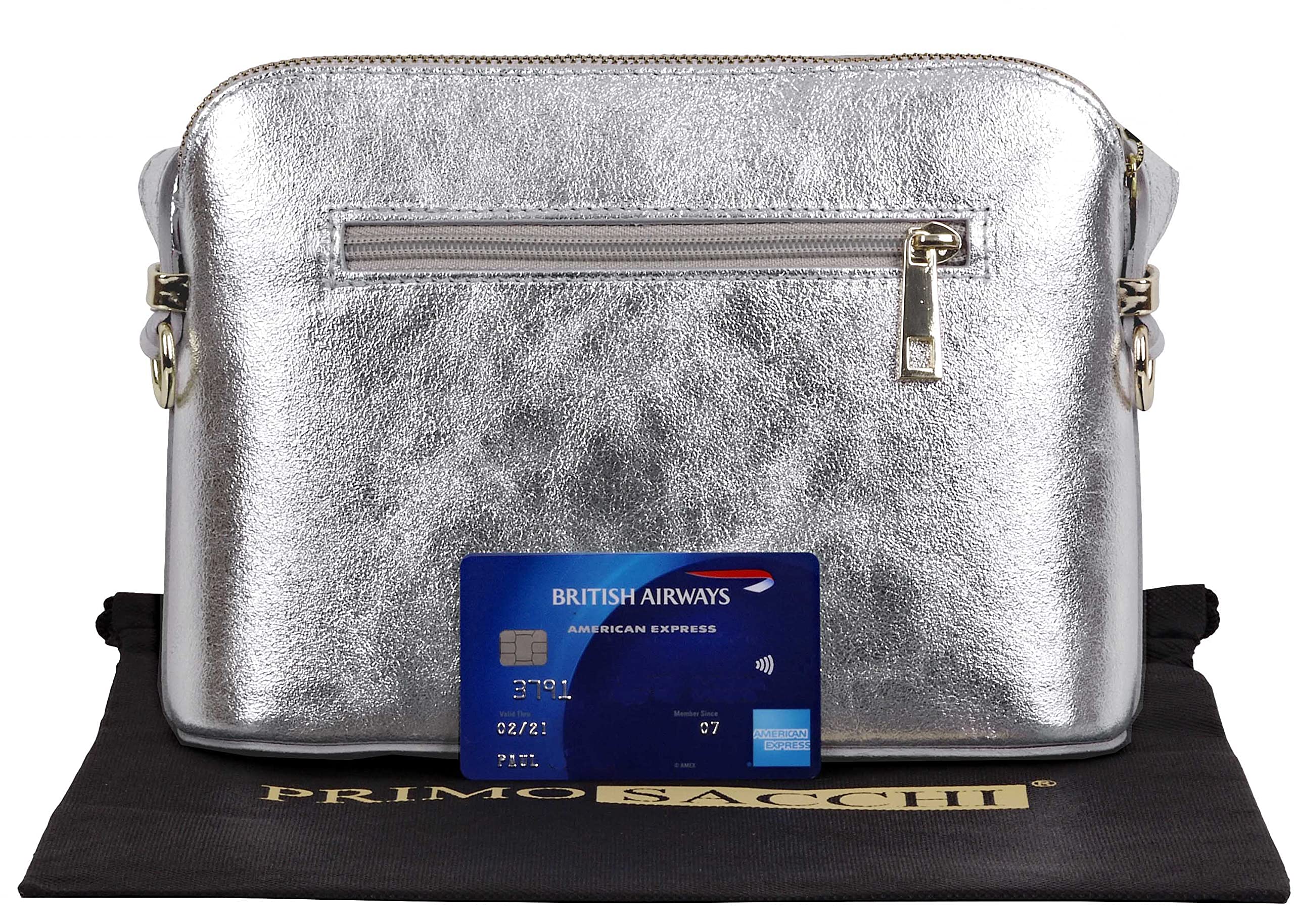 PRIMO SACCHI Ladies Italian Textured Metallic Silver Leather Small Triangular Shoulder Crossbody Bag
