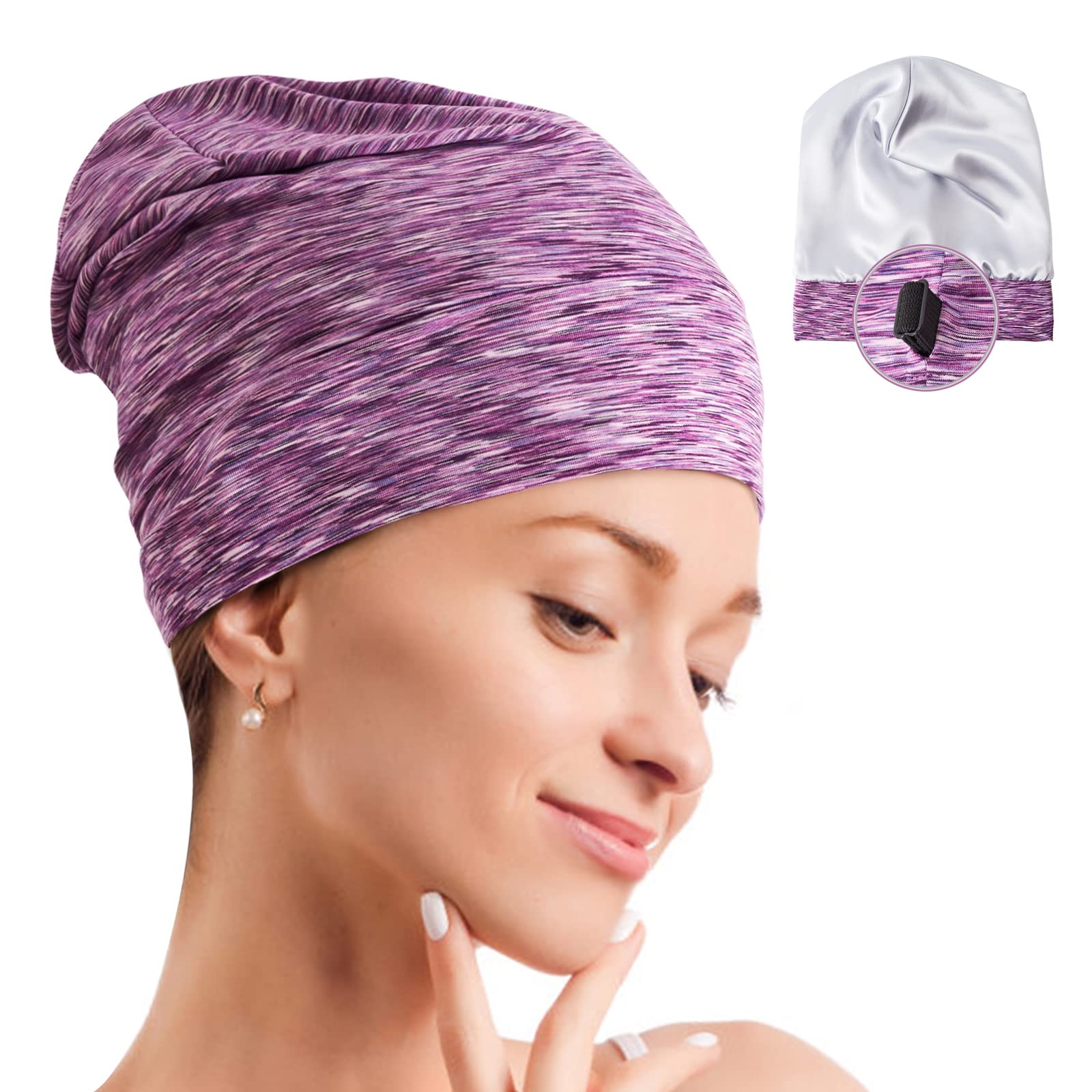 Jelbolin Satin Bonnet Silk Lined Sleep Cap Adjustable Stay On Slouchy Beanie for Sleeping Women Curly Hair Night, Mixed Purple