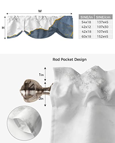 Marble Blue Haze Tie Up Valance Curtain for Kitchen Living Room Bedroom Bathroom Cafe, Rod Pocket Small Short Window Drape Panel Adjustable Drapary Print, Modern Abstract Gold White Gray 54"x18"