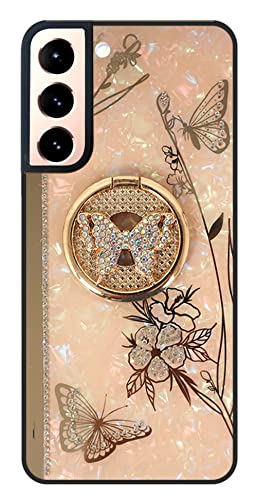for Samsung Galaxy S22 Case for Women with Ring Stand,Luxury Bling Diamond Pearl Hard Back Cute Butterfly Flower Design,Soft Rugged TPU Bumper Gold Plating Mirror Strip Phone Cover for S22 Pink