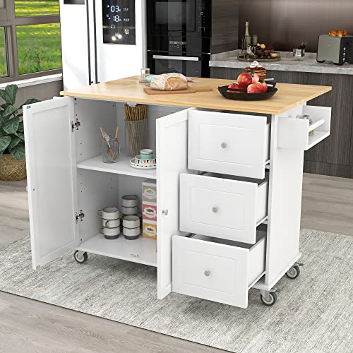 Kitchen Island Carts on Wheels, Rolling Storage Cabinet Trolley 52.7" Foldable Drop-Leaf Breakfast Bar Spice Rack, Towel Rack & Drawer, Solid Wood Top Buffet Server Sideboard(White-B)