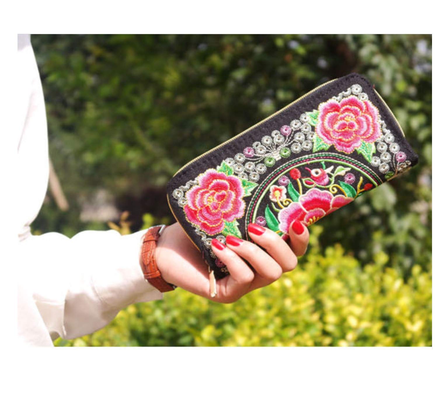 Onlineb2c Womens Wallet Clutch Chinese Embroidered Canvas Wallet (Peony & Butterfly)