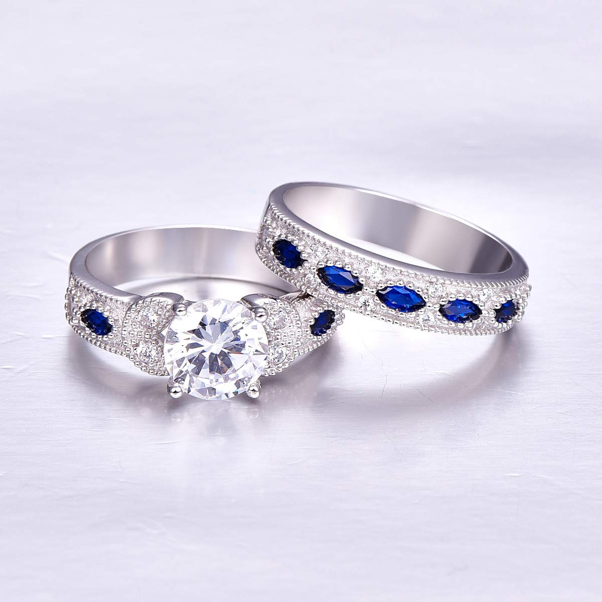 BONLAVIE 3.5ct Round Cut Cubic Zirconia Ring Wedding Ring Set Created Blue Sapphire Women's Bridal Rings Sets 925 Sterling Silver Ring Rhodium Plated Blue Engagement Ring Size 9