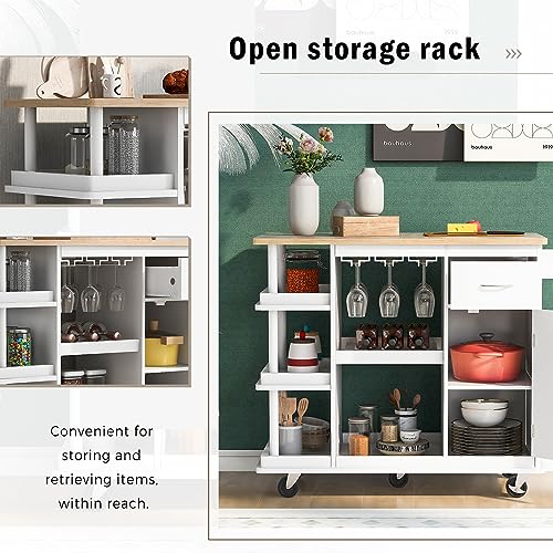 Kitchen Island Cart on Wheels with Storage Drawers, Multipurpose Kitchen Cart Cabinet with Side Storage Shelves and Wine Rack Kitchen Island with Rubber Wood Top for Dining Room, Home, Bar, White