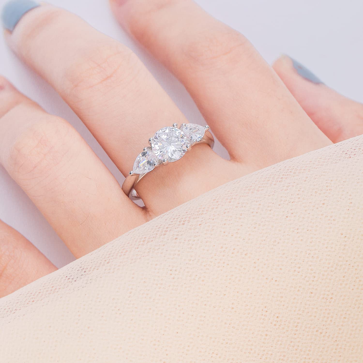 BONLAVIE 925 Sterling Silver Engagement Ring for Women Pear & Round Cut 3-Stone Ring AAA Cubic Zirconia Ring Promise Ring for Her Wedding Bands Size 7.5