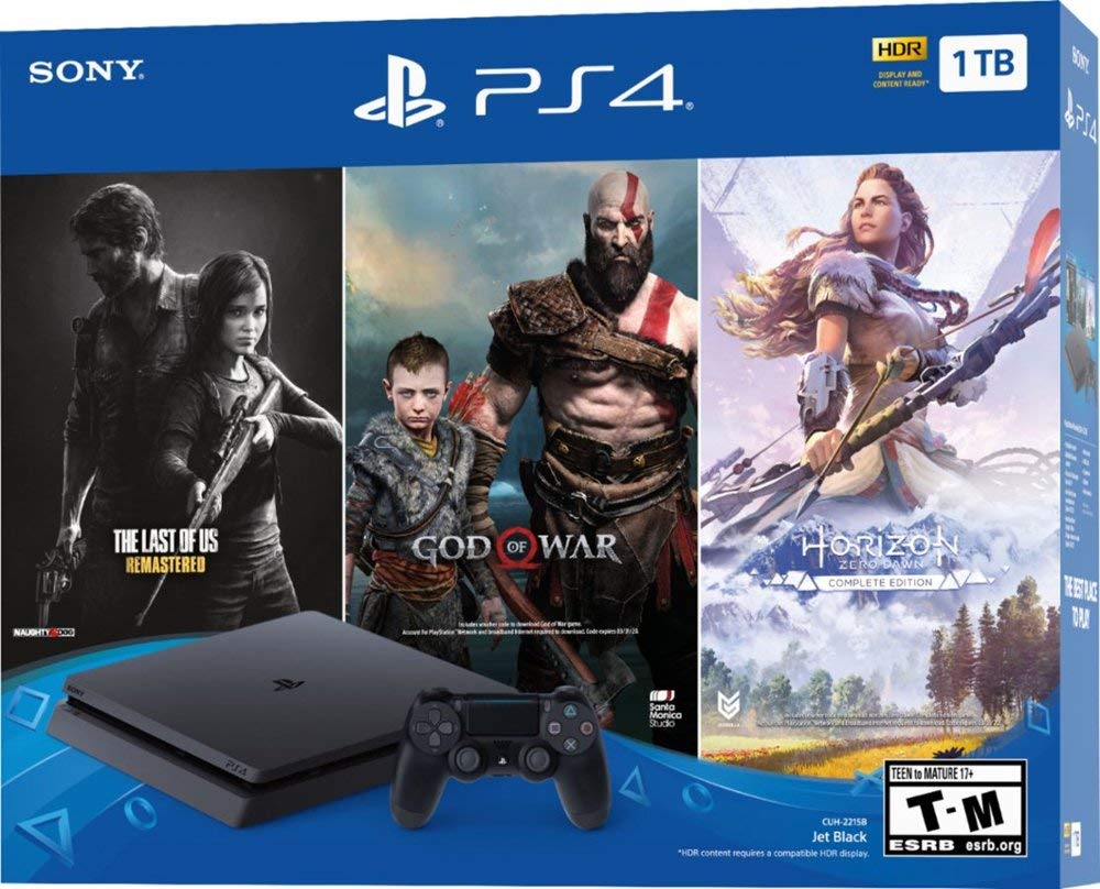 PlayStation 4 Slim 2TB Only on PlayStation Console Bundle | Bundle : God of War Game Voucher,Horizon Zero Dawn: Complete Edition Voucher,The Last of Us Remastered Game | Jet Black