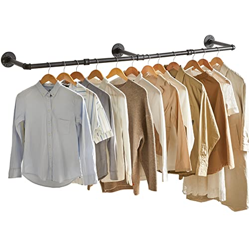 IBUYKE 70 Inch Industrial Pipe Clothes Bar Rack, Wall Mounted Garment Hanging Storage Rail, for Bedroom, Living Room, Laundry Room, Retail Display, Triple Base, Black TYJ003H